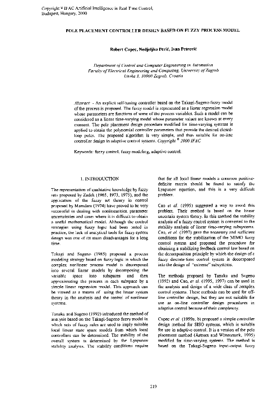 (PDF) Pole Placement Controller Design Based on Fuzzy Process Model