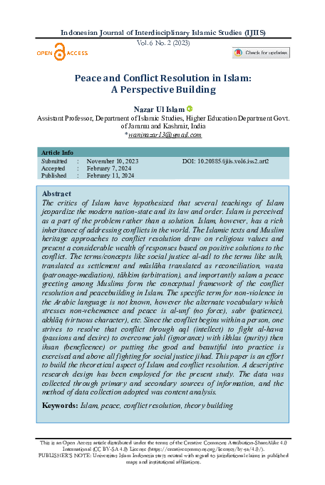 (PDF) Peace and Conflict Resolution in Islam: A Perspective Building
