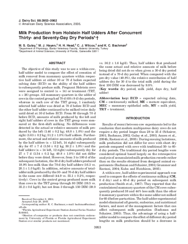 (PDF) Milk Production from Holstein Half Udders After Concurrent Thirty ...