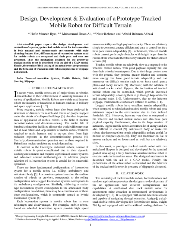 (PDF) 1 Design, Development & Evaluation of a Prototype Tracked Mobile Robot for Difficult Terrain