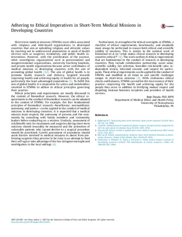 (PDF) Adhering to Ethical Imperatives in Short-Term Medical Missions in Developing Countries