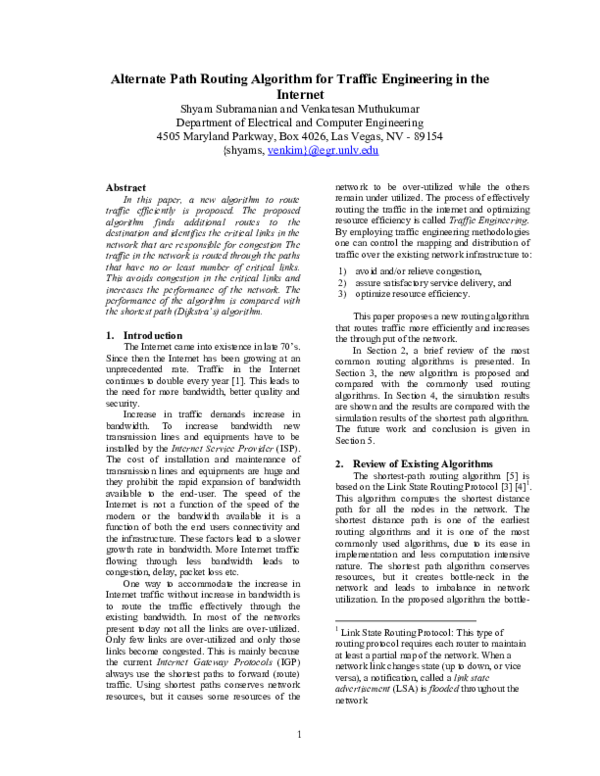 (PDF) Alternate path routing algorithm for traffic engineering in the ...