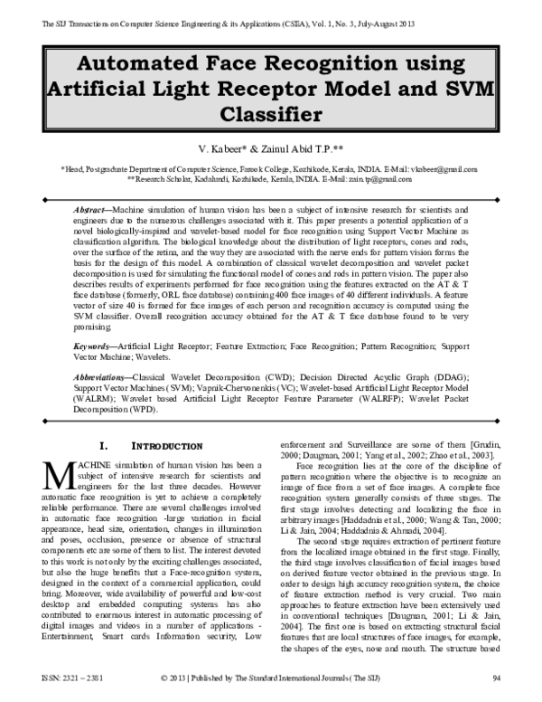(PDF) Automated Face Recognition using Artificial Light Receptor Model and SVM Classifier