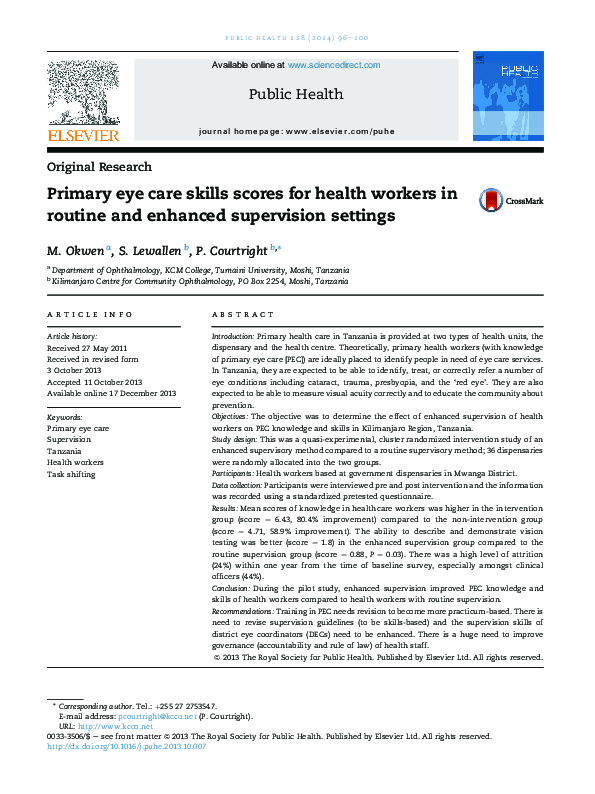 (PDF) Primary eye care skills scores for health workers in routine and ...