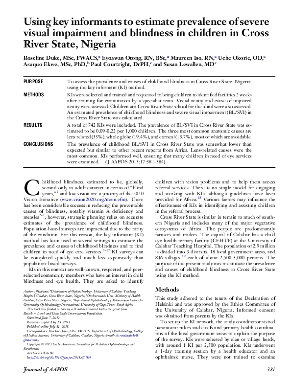 (PDF) Using key informants to estimate prevalence of severe visual impairment and blindness in ...