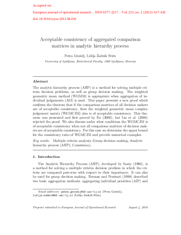(PDF) Acceptable consistency of aggregated comparison matrices in analytic hierarchy process