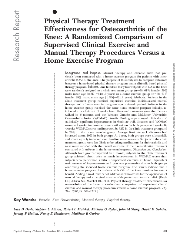 (PDF) Physical Therapy Treatment Effectiveness for Osteoarthritis of the Knee: A Randomized ...