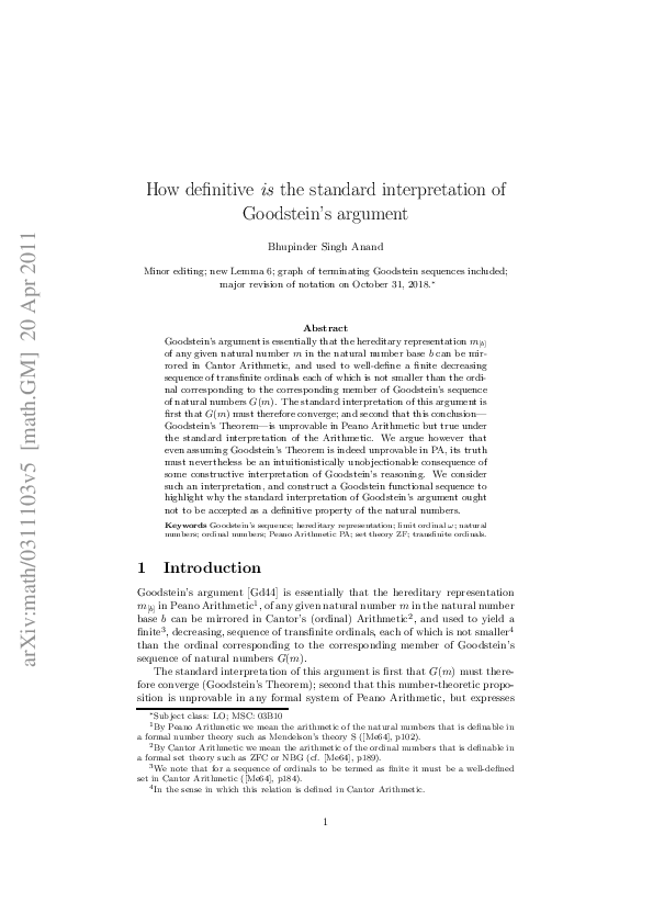 (PDF) How Definitive the Standard Interpretation of Goodstein's Argument?