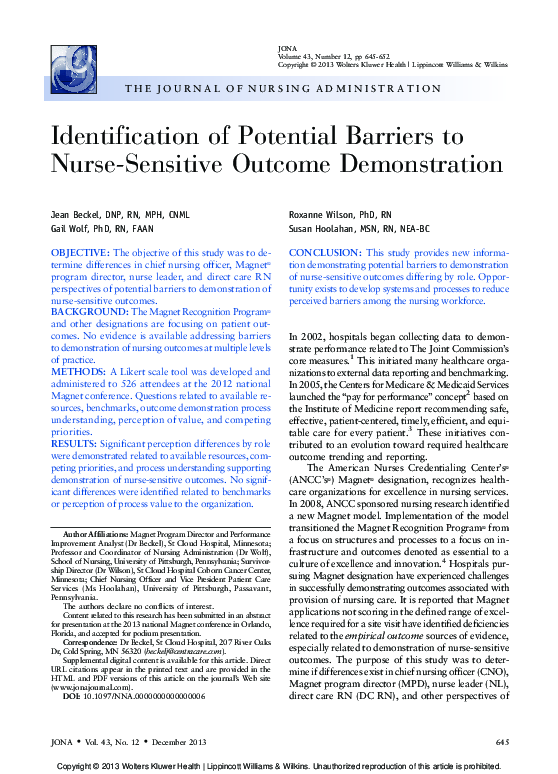 (PDF) Identification of Potential Barriers to Nurse-Sensitive Outcome ...