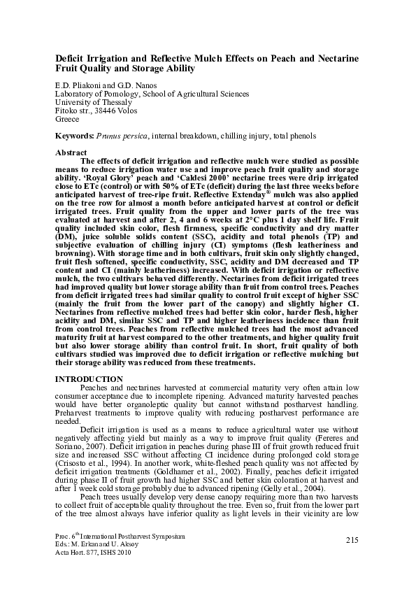 (PDF) Deficit irrigation and reflective mulch effects on peach quality and storage performance