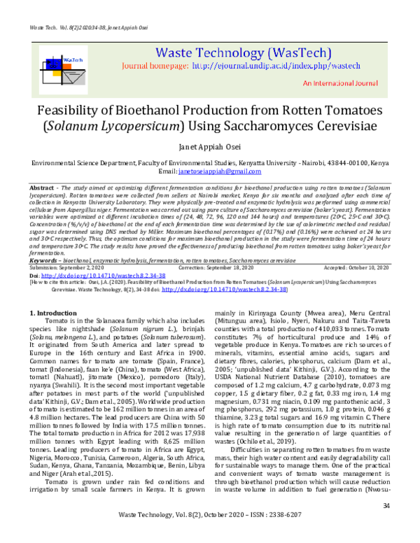 (PDF) FEASIBILITY OF BIOETHANOL PRODUCTION FROM ROTTEN TOMATOES (Solanum Lycopersicum) USING ...