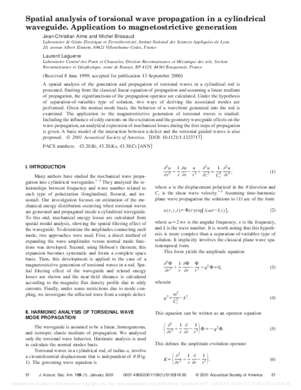 (PDF) Spatial analysis of torsional wave propagation in a cylindrical waveguide. Application to ...