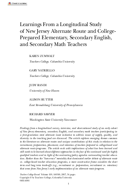 (PDF) Learnings from a Longitudinal Study of New Jersey Alternate Route ...