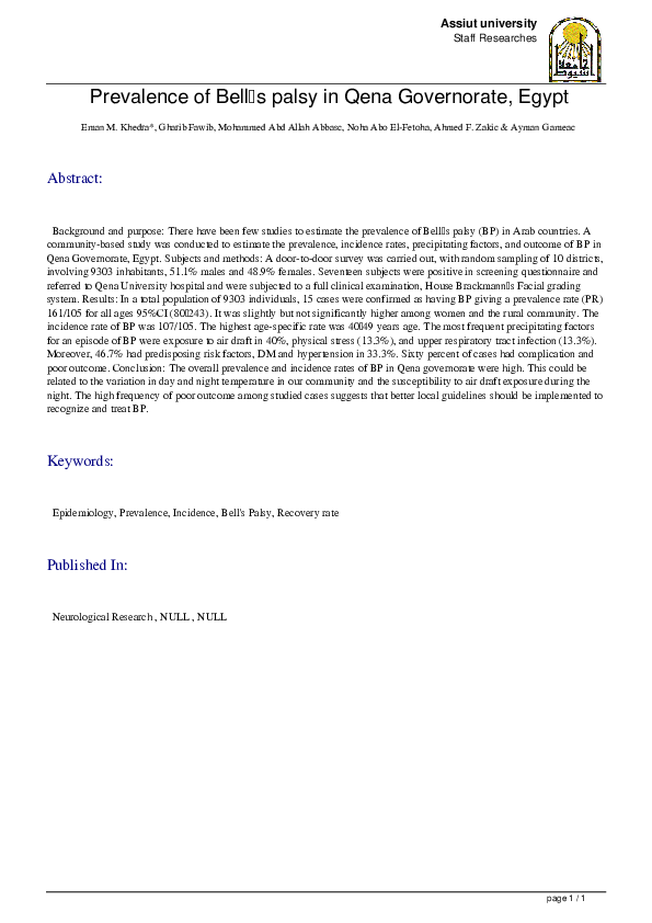 (PDF) Bell's Palsy Prevalence in Qena, Egypt