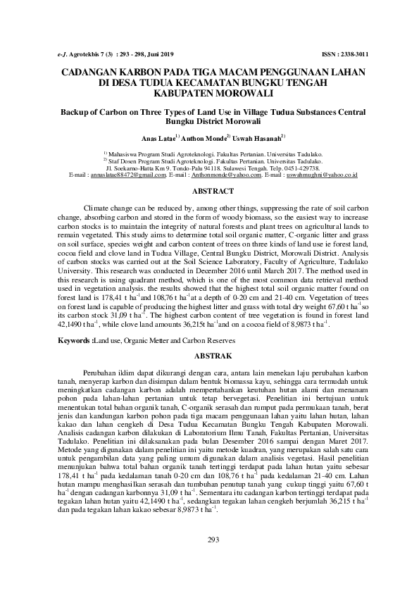 (PDF) Cadangan Karbon Pada Tiga Macam Penggunaan Lahan Di Desa Tudua Kecamatan Bungku Tengah ...