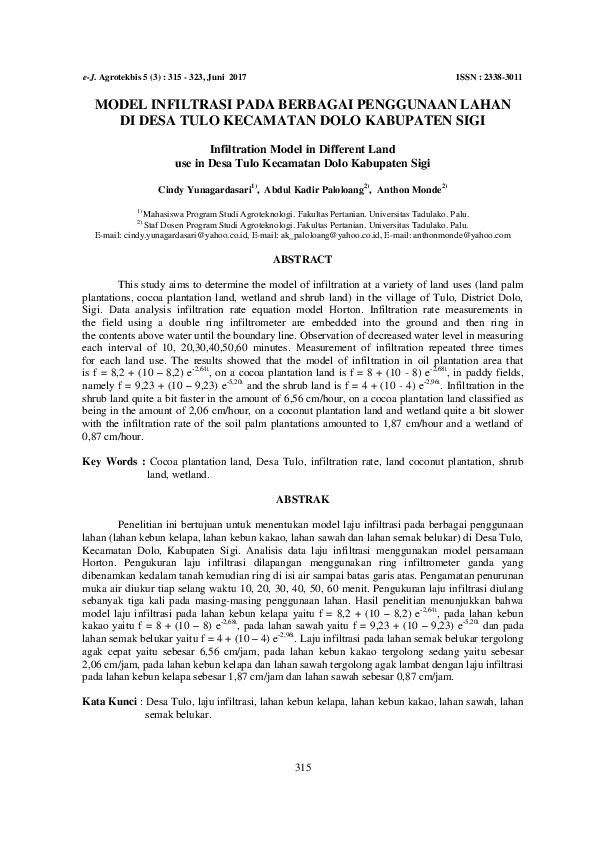 (PDF) Model Infiltrasi pada Berbagai Penggunaan Lahan di Desa Tulo ...