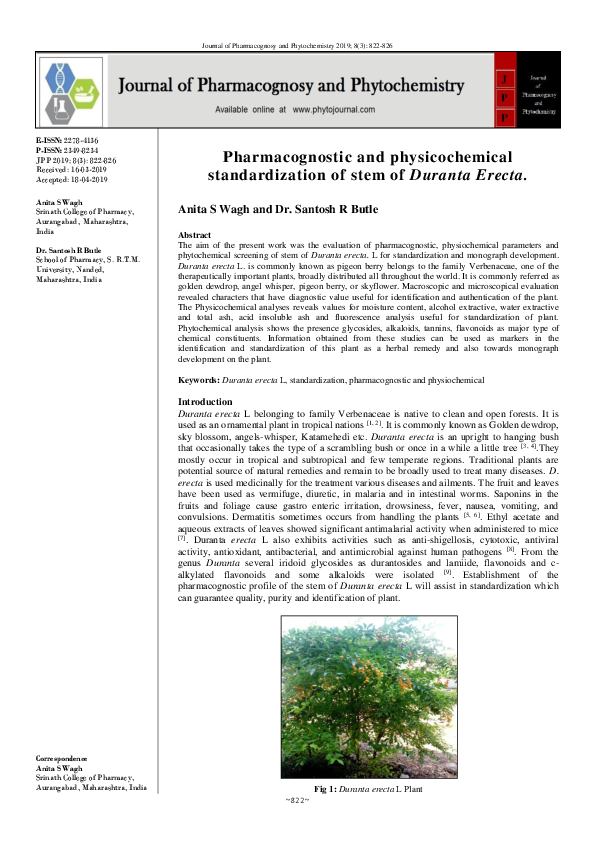 (PDF) Pharmacognostic and physicochemical standardization of stem of Duranta Erecta