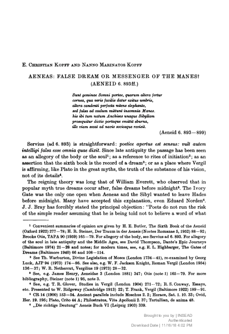 (PDF) AENEAS: FALSE DREAM OR MESSENGER OF THE MANES? (AENEID 6. 893ff.)