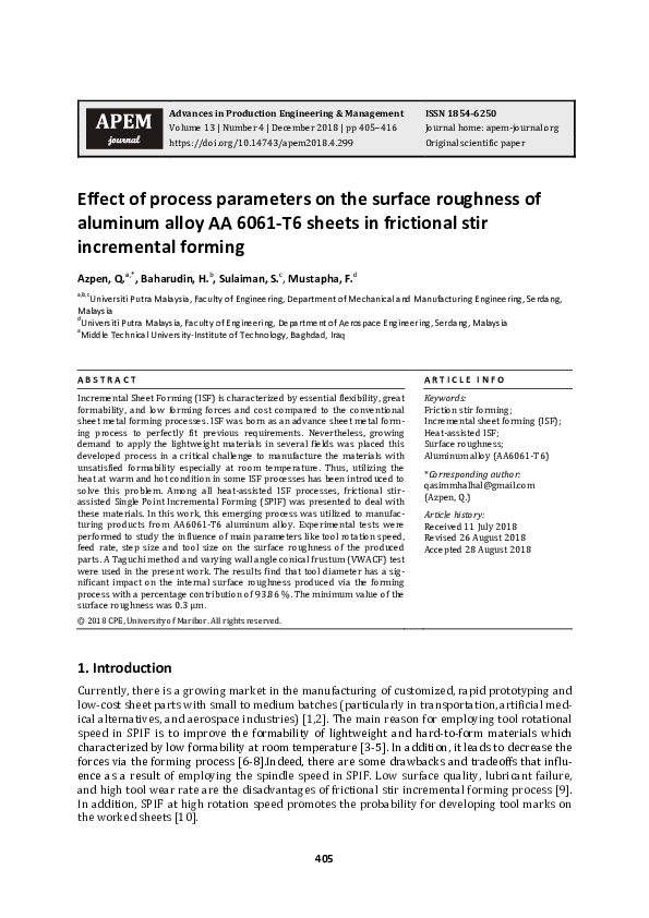 (PDF) Effect of process parameters on the surface roughness of aluminum alloy AA 6061-T6 sheets ...
