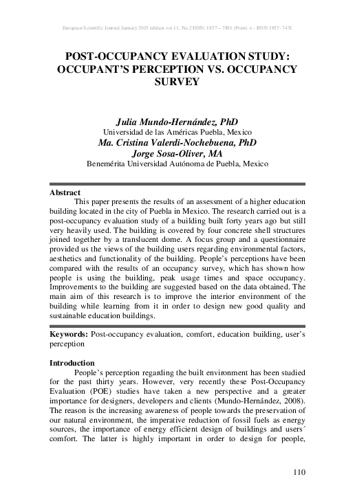 (PDF) Post-Occupancy Evaluation Study: Occupant’s Perception vs ...