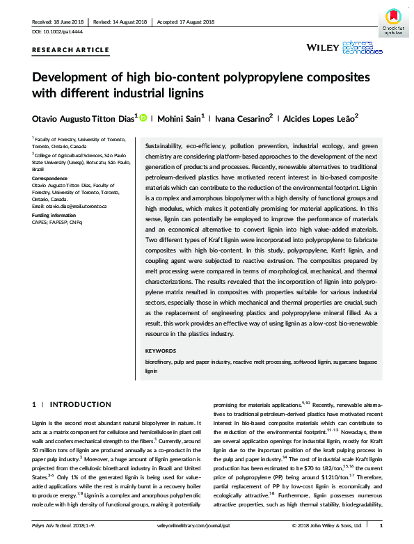 (PDF) Development of high bio‐content polypropylene composites with ...