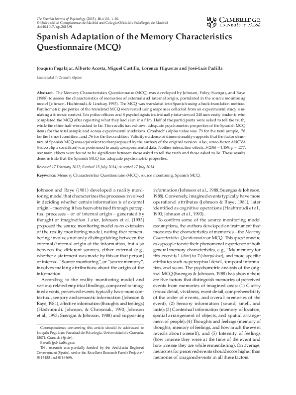 (PDF) Spanish Adaptation of the Memory Characteristics Questionnaire (MCQ)