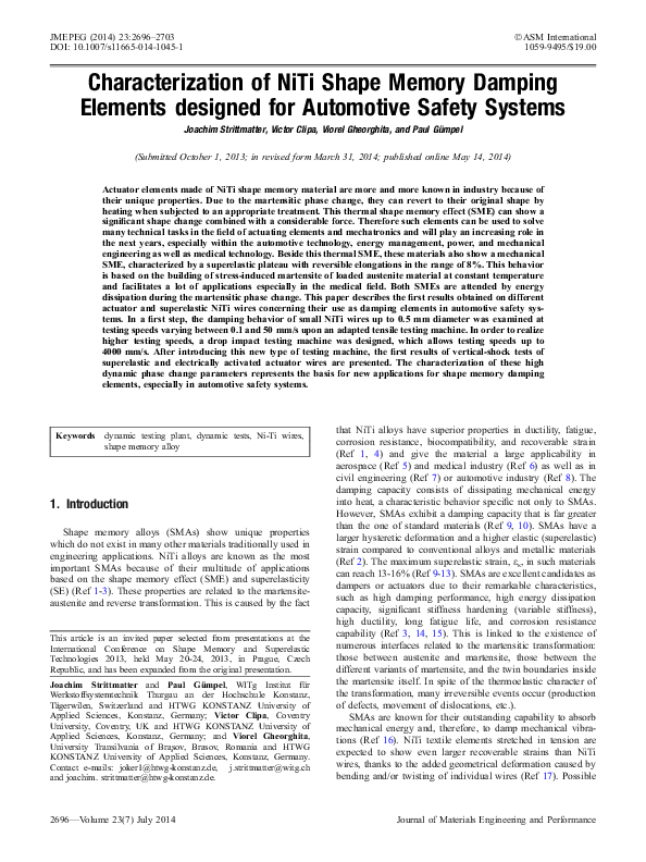 (PDF) Characterization of NiTi Shape Memory Damping Elements designed for Automotive Safety ...