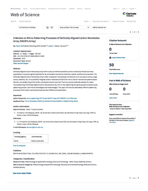 (PDF) A Review on Micro-Patterning Processes of Vertically Aligned Carbon Nanotubes Array ...