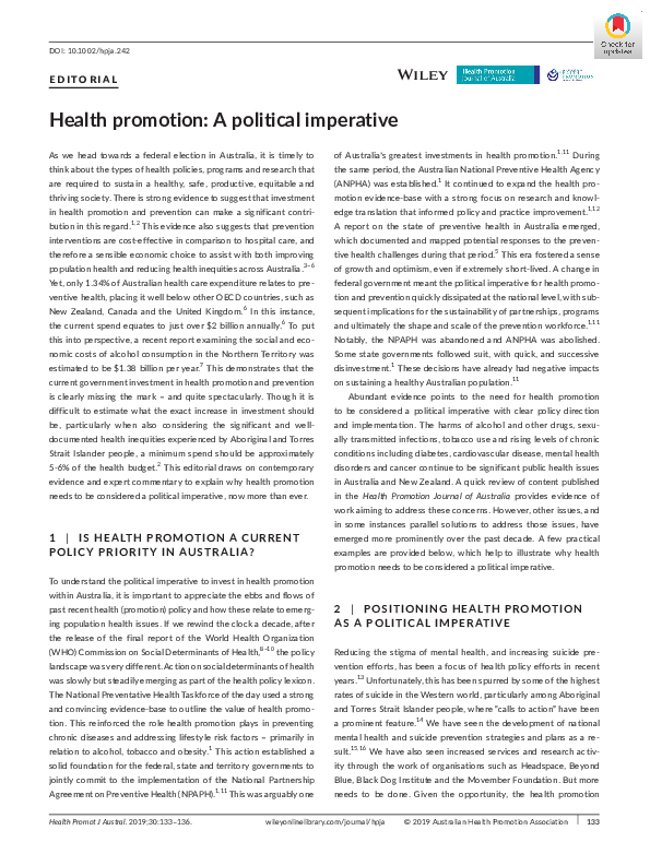 (PDF) Health promotion: A political imperative | Carmel Williams ...