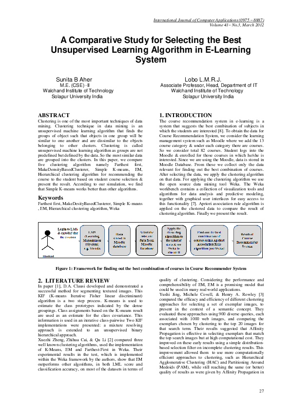 (PDF) A Comparative Study for Selecting the Best Unsupervised Learning Algorithm in E-Learning ...
