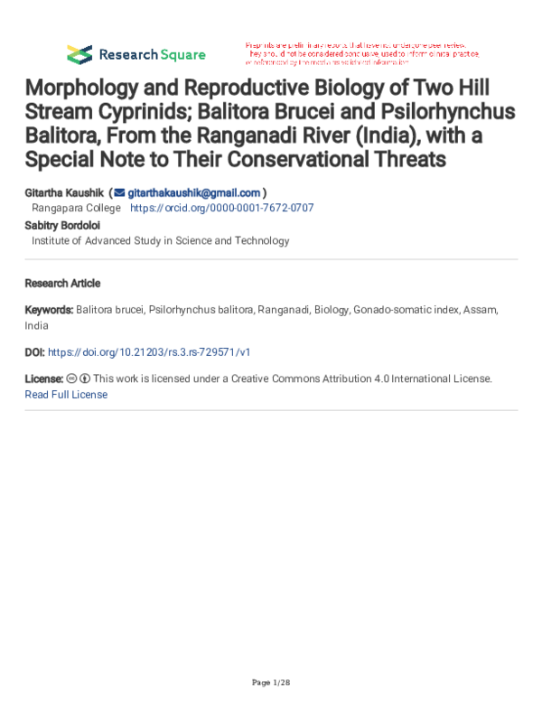 (PDF) Morphology and Reproductive Biology of Two Hill Stream Cyprinids ...