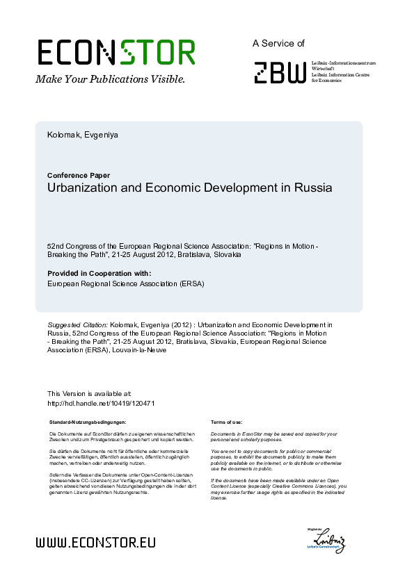 (PDF) Urbanization and Economic Development in Russia