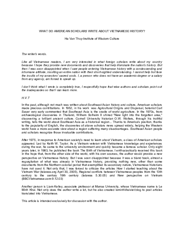 (DOC) WHAT DO AMERICAN SCHOLARS WRITE ABOUT VIETNAMESE HISTORY