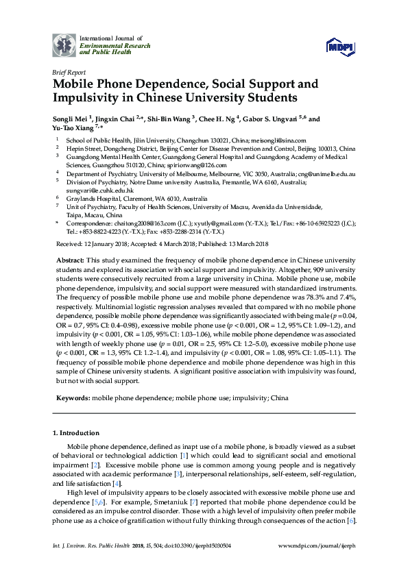 (PDF) Mobile Phone Dependence, Social Support and Impulsivity in ...