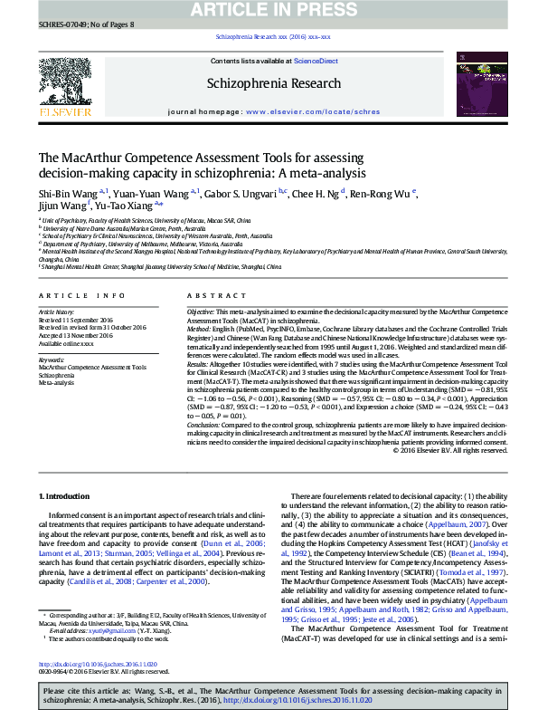 (PDF) The MacArthur Competence Assessment Tools for assessing decision ...