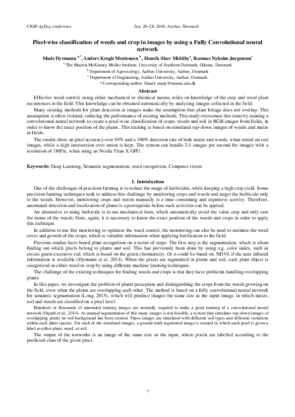 (PDF) Pixel-wise classification of weeds and crops in images by using a Fully Convolutional ...