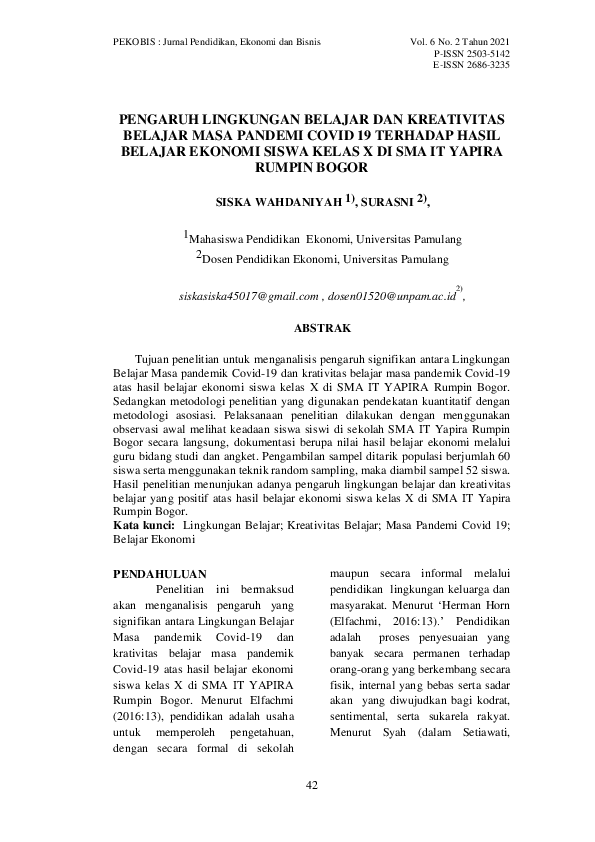 (PDF) Pengaruh Lingkungan Belajar Dan Kreativitas Belajar Masa Pandemi Covid 19 Terhadap Hasil ...