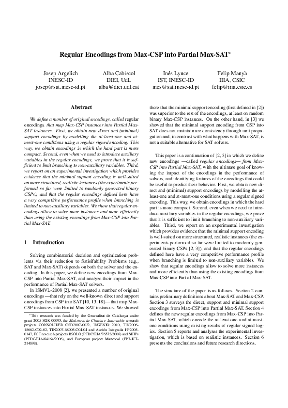 Pdf Regular Encodings From Max Csp Into Partial Max Sat Josep Argelich