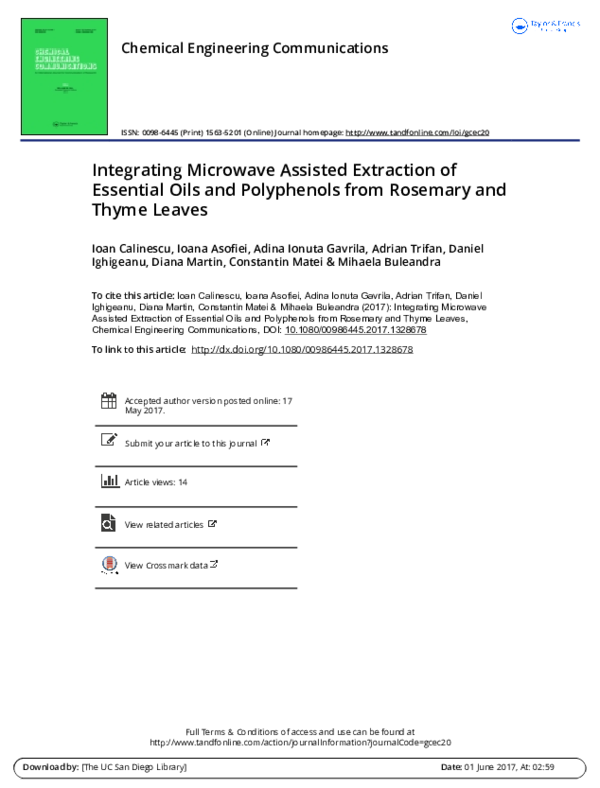 (PDF) Integrating Microwave-Assisted Extraction of Essential Oils and Polyphenols from Rosemary ...
