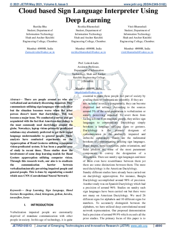 Cloud based Sign Language Interpreter using Deep Learning