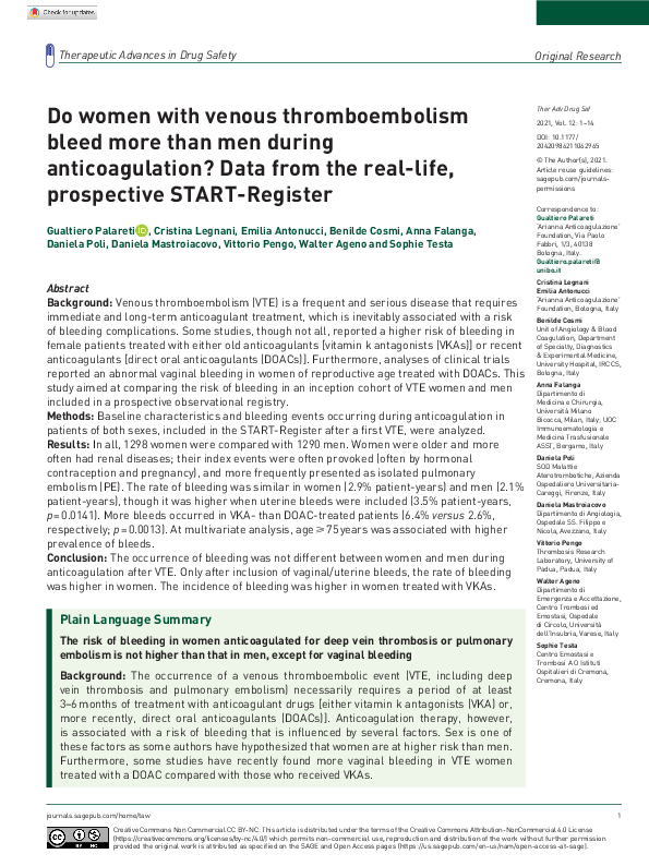 Pdf Do Women With Venous Thromboembolism Bleed More Than Men During