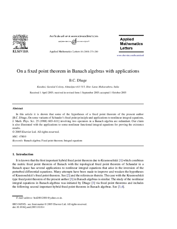 Pdf On A Fixed Point Theorem In Banach Algebras With Applications