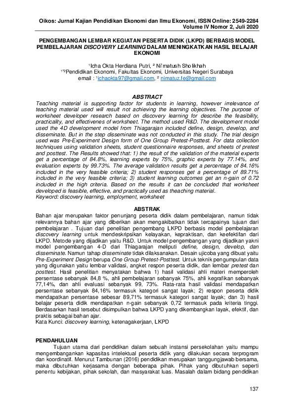 (PDF) Pengembangan Lembar Kegiatan Peserta Didik (LKPD) Berbasis Model Pembelajaran Discovery ...