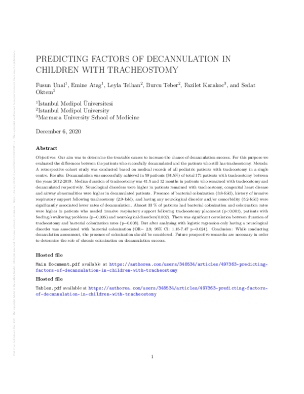 (PDF) Predicting Factors of Decannulation in Children with Tracheostomy ...