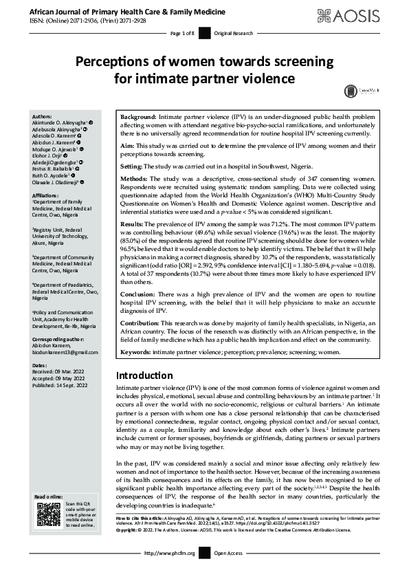 (PDF) Perceptions of women towards screening for intimate partner violence