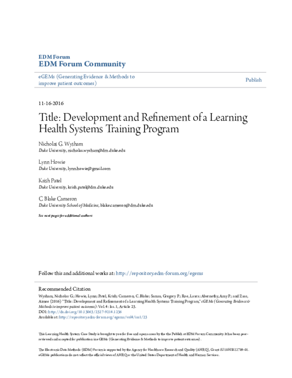 (PDF) Title: Development and Refinement of a Learning Health Systems ...