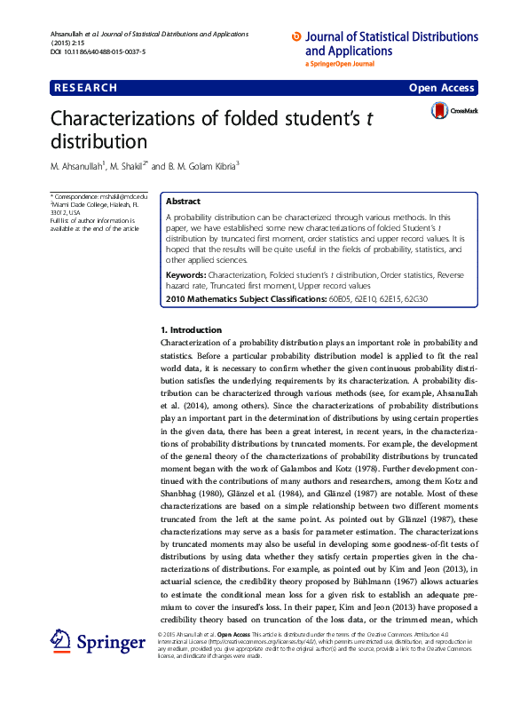 (PDF) Characterizations of folded student’s t distribution
