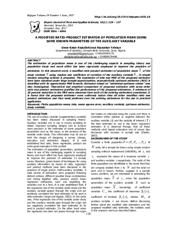 Pdf A Modified Ratio Product Estimator Of Population Mean Using Some Known Parameters Of The