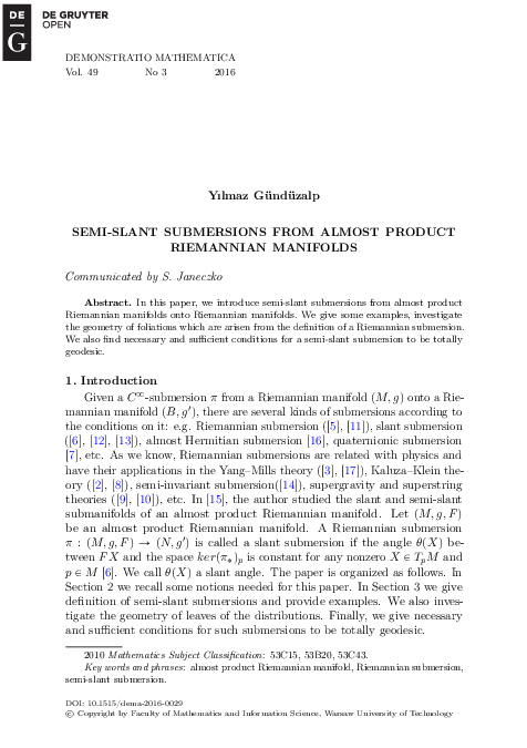 (PDF) Semi-Slant Submersions from Almost Product Riemannian Manifolds