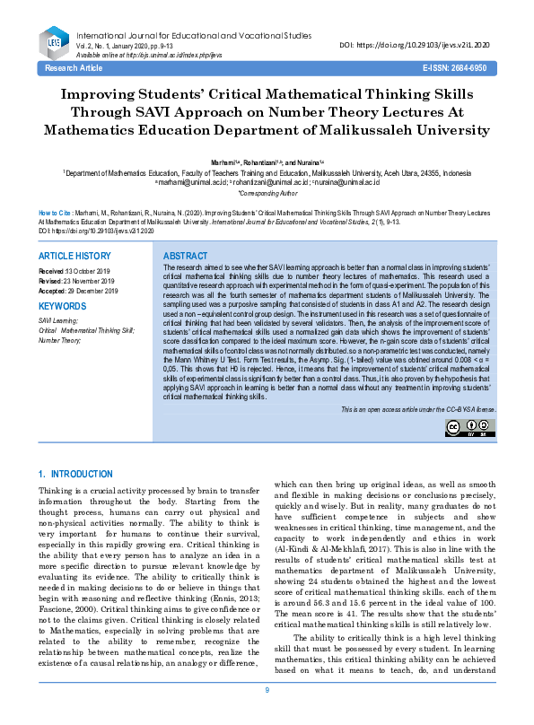 (PDF) Improving Students’ Critical Mathematical Thinking Skills Through ... (PDF) Improving Students’ Critical Mathematical Thinking Skills Through ...